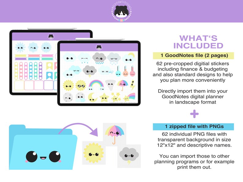Kawaii Weather Digital Planner Stickers | 60+ Goodnotes Pre-cropped ...