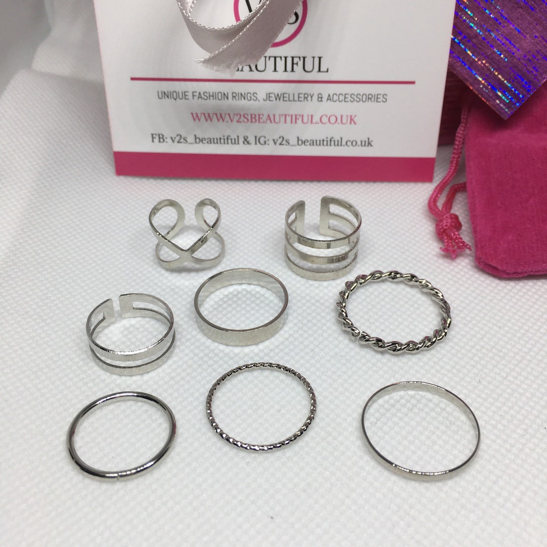 8 Silver Midi Ring Set, Minimalist Stacking Rings for Women, Dainty ...