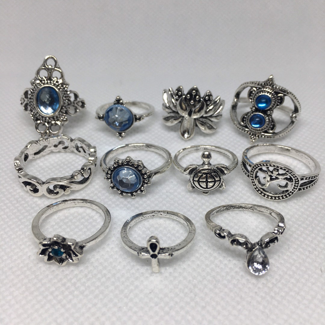11 Boho Ring Set, Bohemian Rings Silver, Blue Rhinestone Stackable ...
