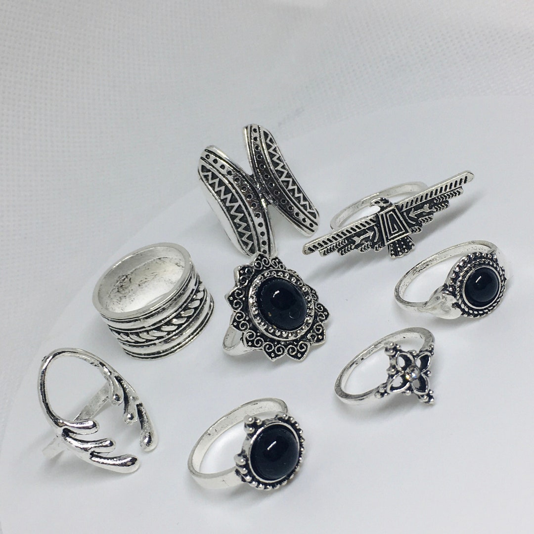 Black Stone Ring Chunky Silver Ring Set for Women Boho Ring - Etsy UK