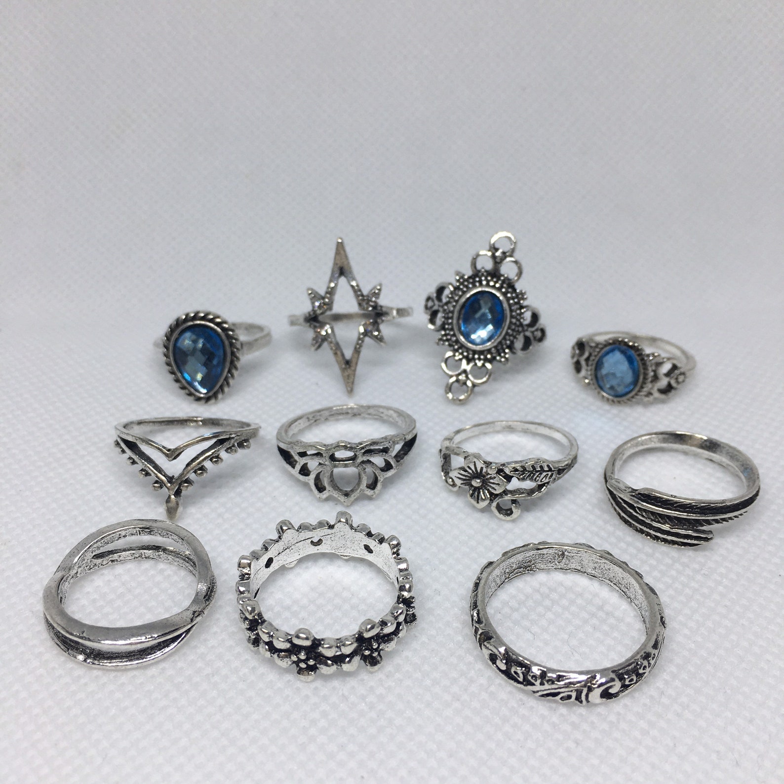 11 Boho Ring Set Sliver Blue Gemstones Ring Stacking Sliver | Etsy