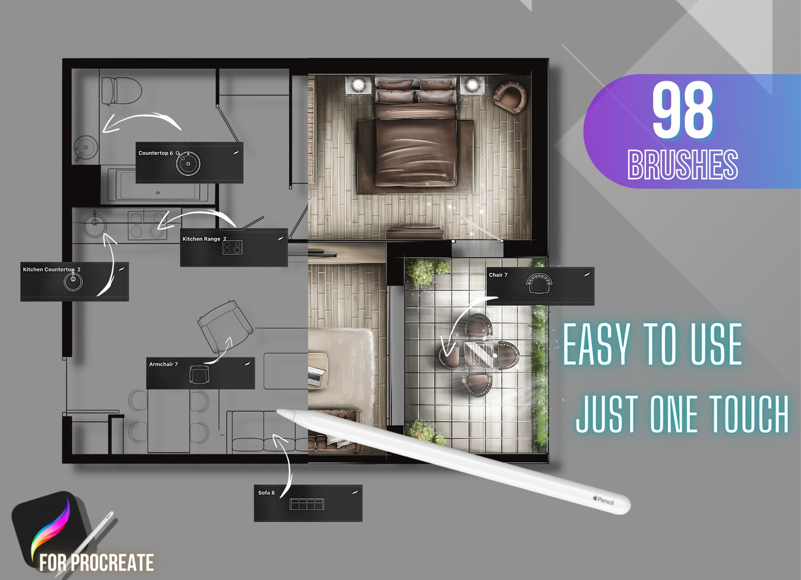 98 Architectural Brushes for Procreate, Sketch Brushes, Interior Stamps ...