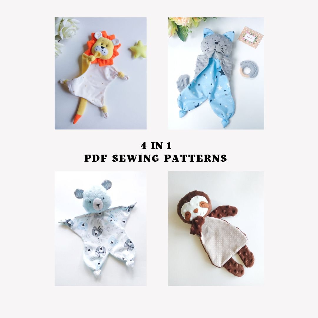 4 in 1 Sewing Pattern Set Lion Lovey, Cat Lovey, Sloth Lovey and Bear ...