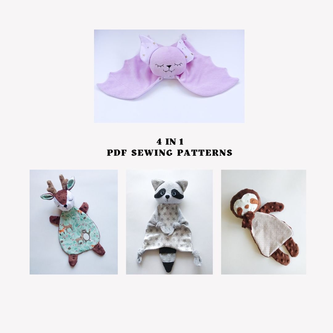 4 in 1 Sewing Pattern Set Bat Lovey, Sloth Lovey, Deer Lovey, Raccoon ...