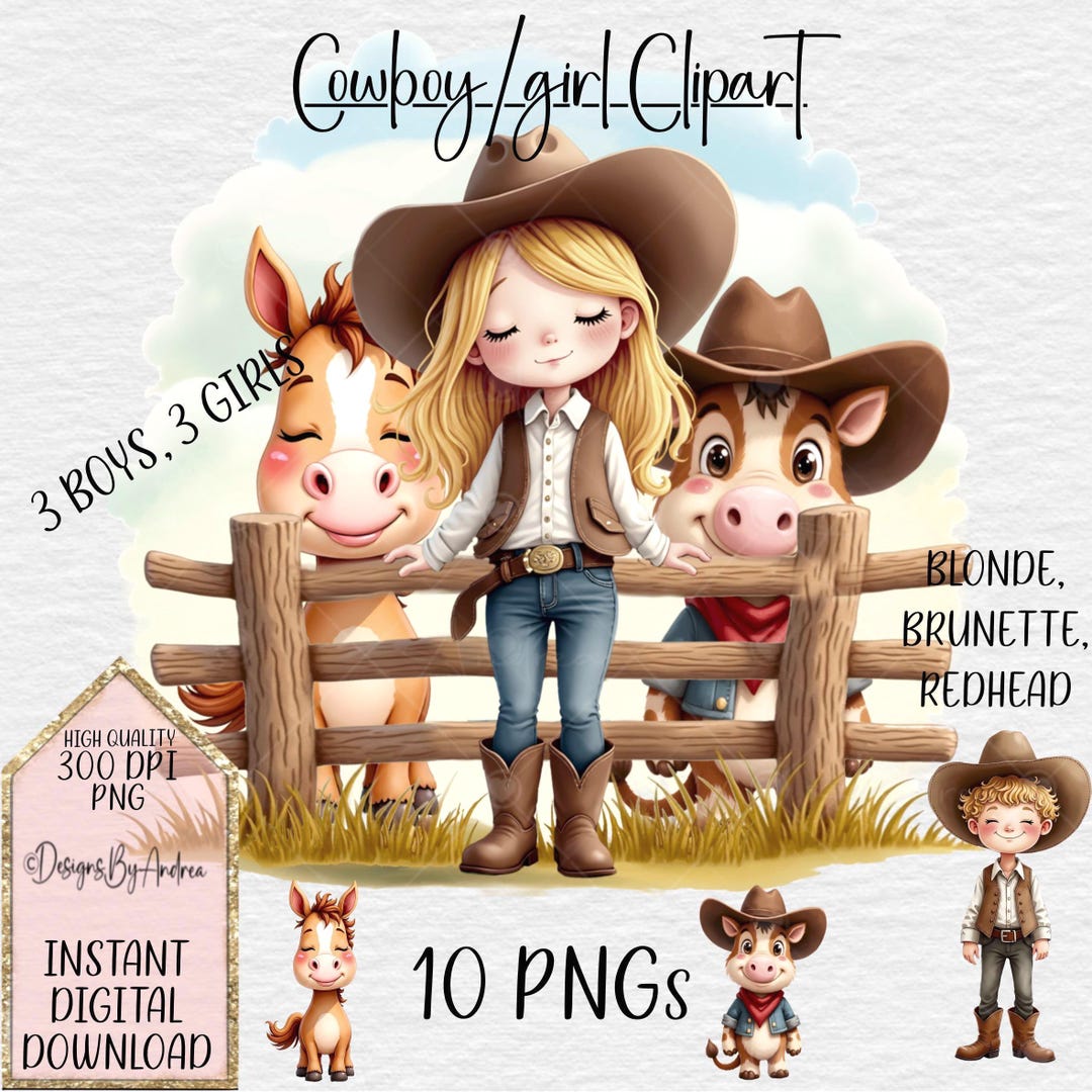 Little Cowboy & Cowgirl Clipart Set: Western Design Pngs for ...