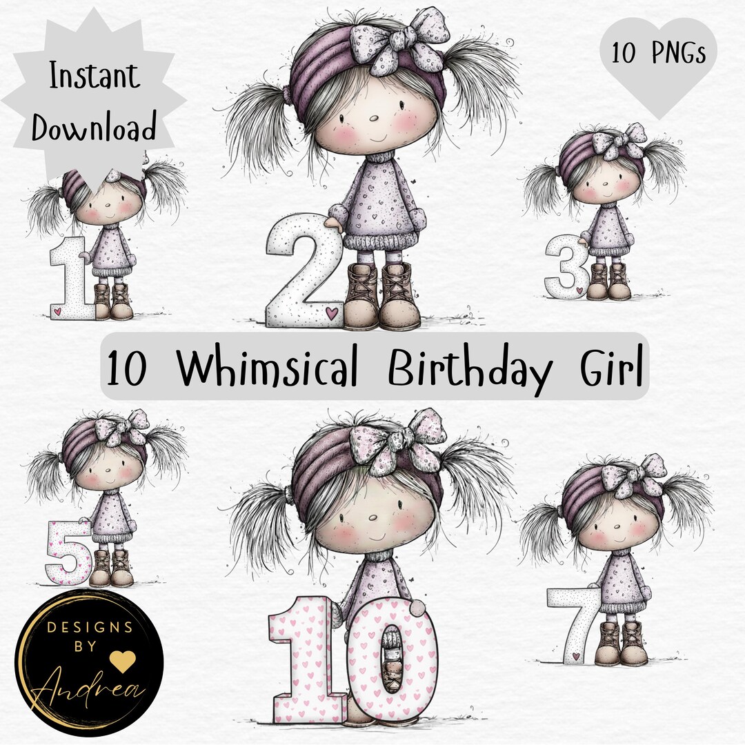 Whimsical Birthday Girl PNG Bundle 1–10 | Girls With Numbers ...