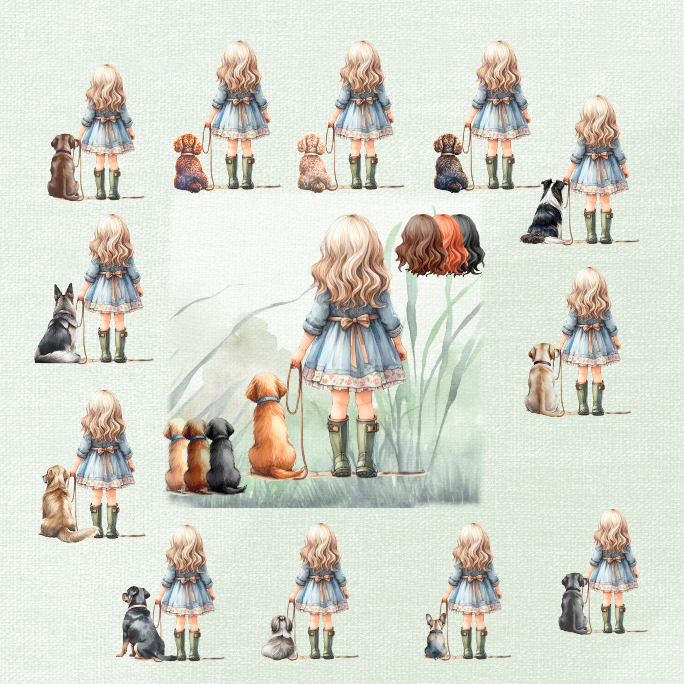 Beautiful Watercolour, Girl With Dog. Generic Mutt 8 Breeds. Hair ...
