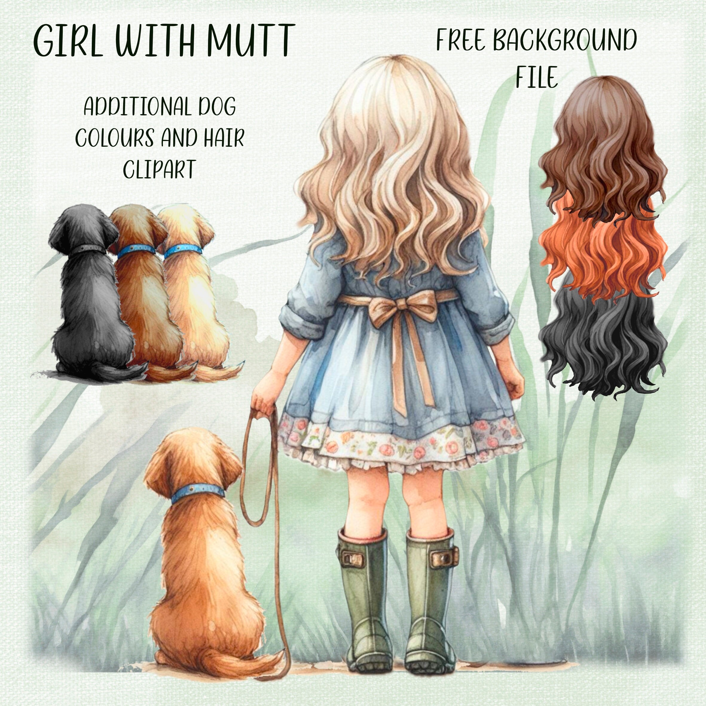 Beautiful Watercolour, Girl With Dog. Generic Mutt 8 Breeds. Hair ...