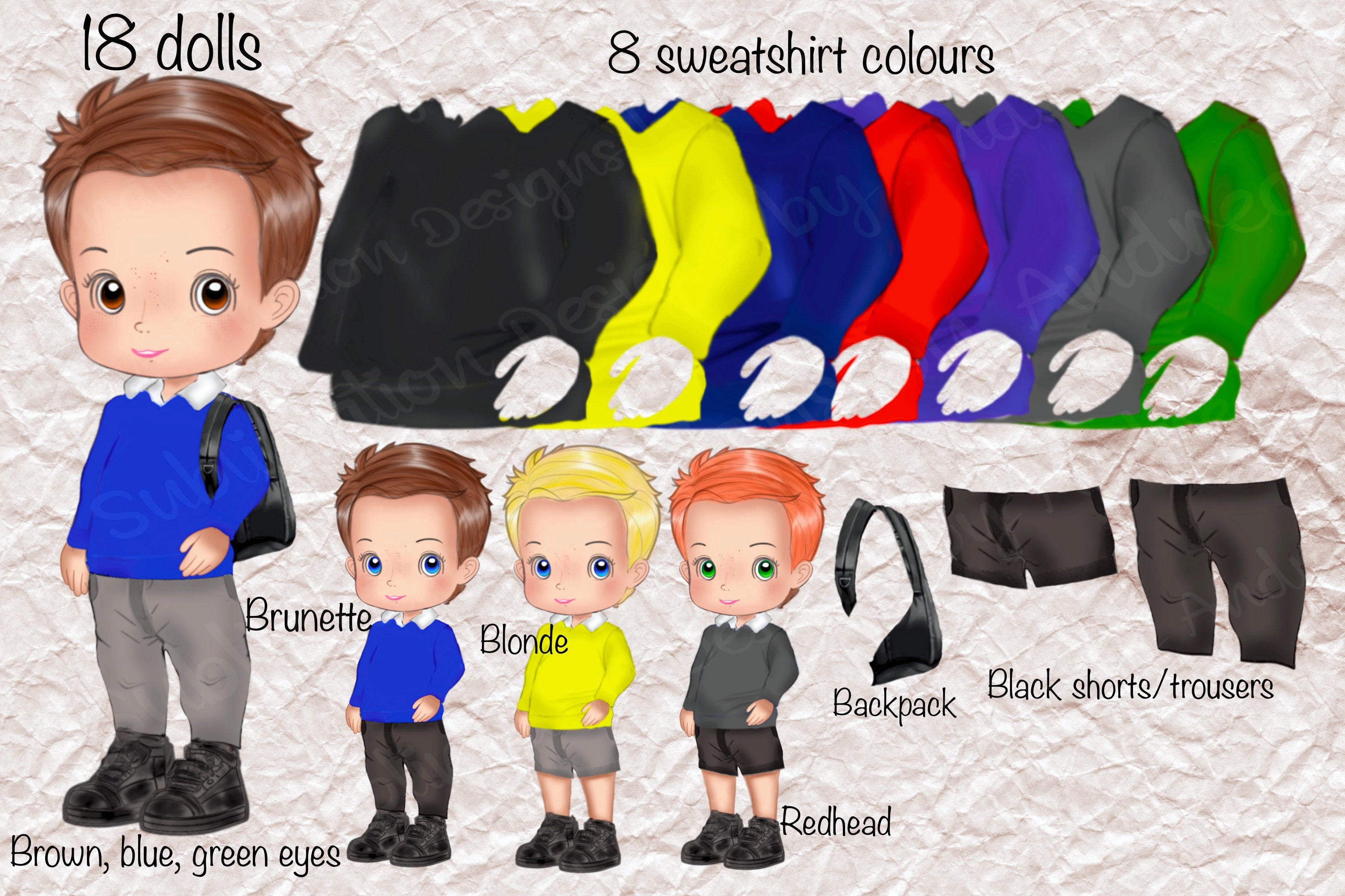 School Boy Chibi Set. 18 Ready Made Dolls, 9 Long Trousers and 9 Shorts ...