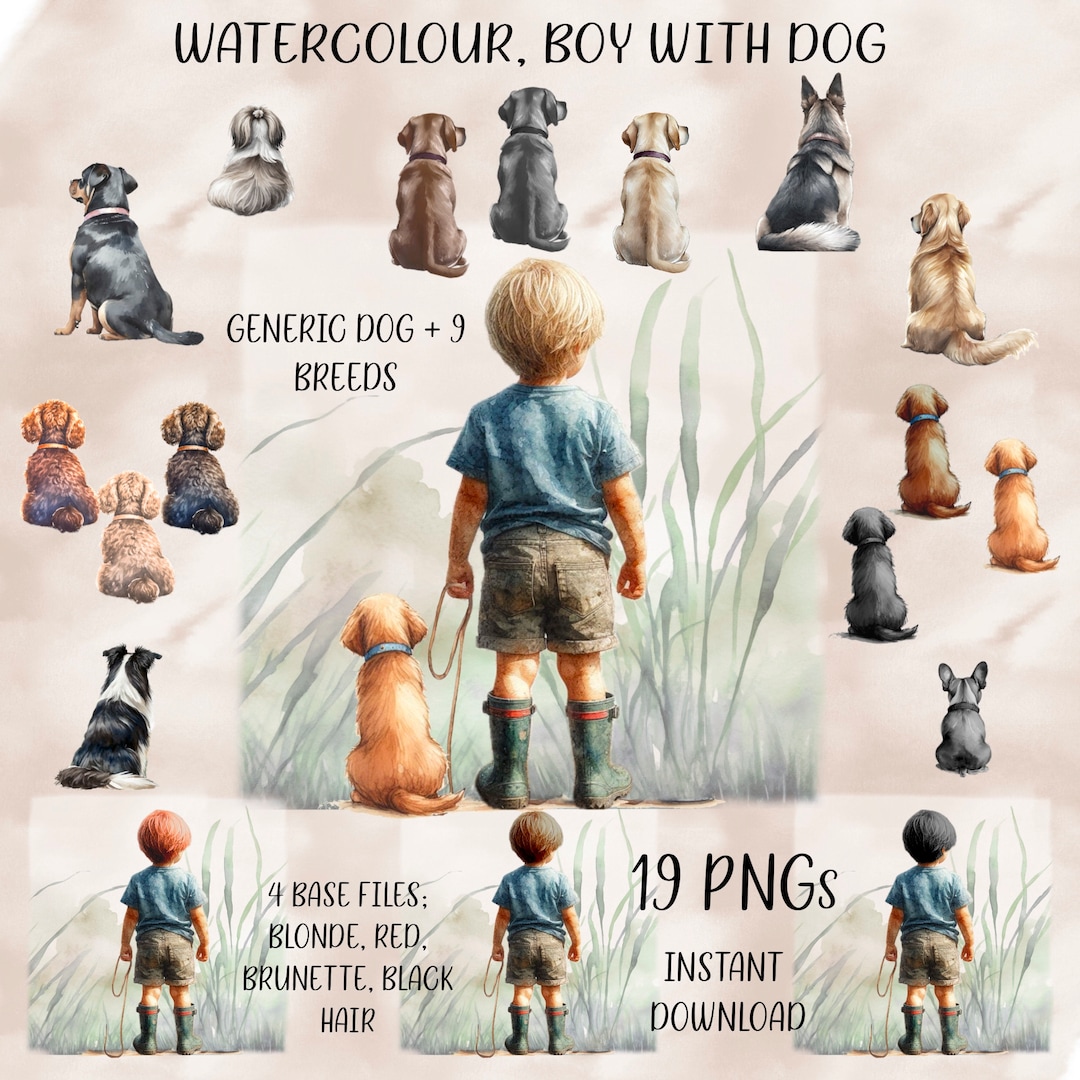 Beautiful Watercolour, Boy With Dog. 4 Base Files Plus Generic Mutt + 8 ...