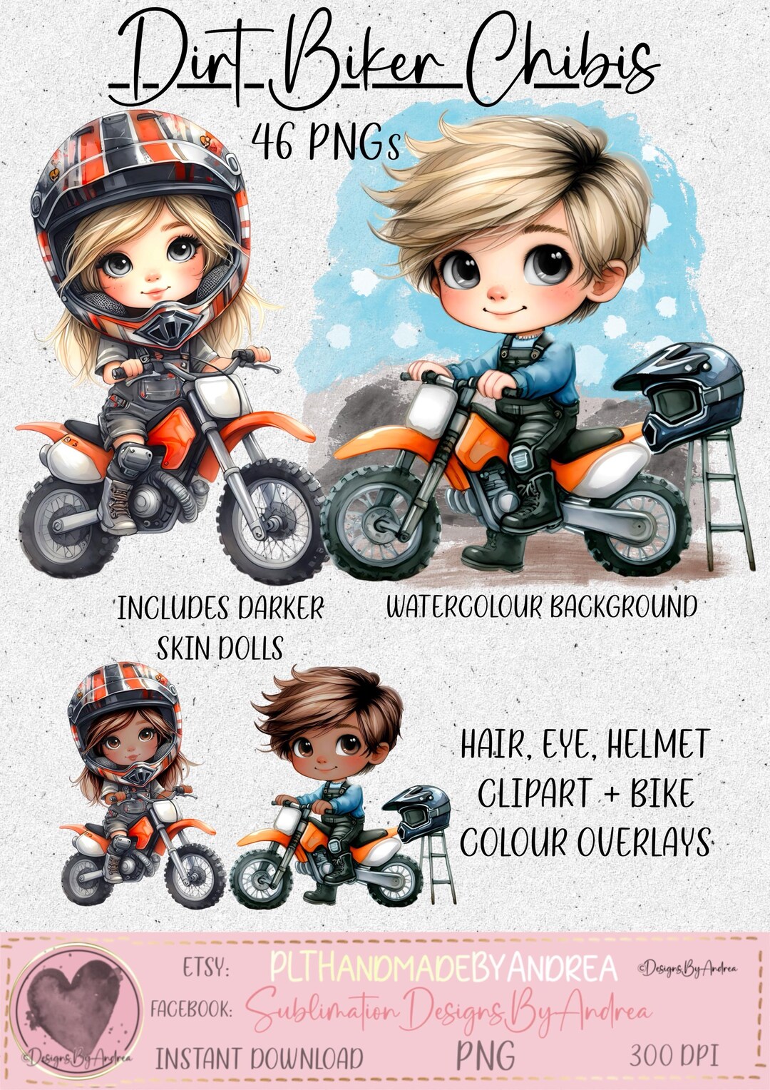 Dirt Bike, off Road, Motorcross Chibi Dolls. Inc Darker Skin Tones ...
