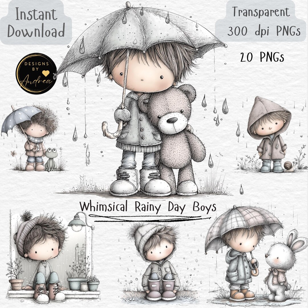 20 Whimsical Rainy Day Boys Clipart Set - 20 High Res Pngs - Instant ...