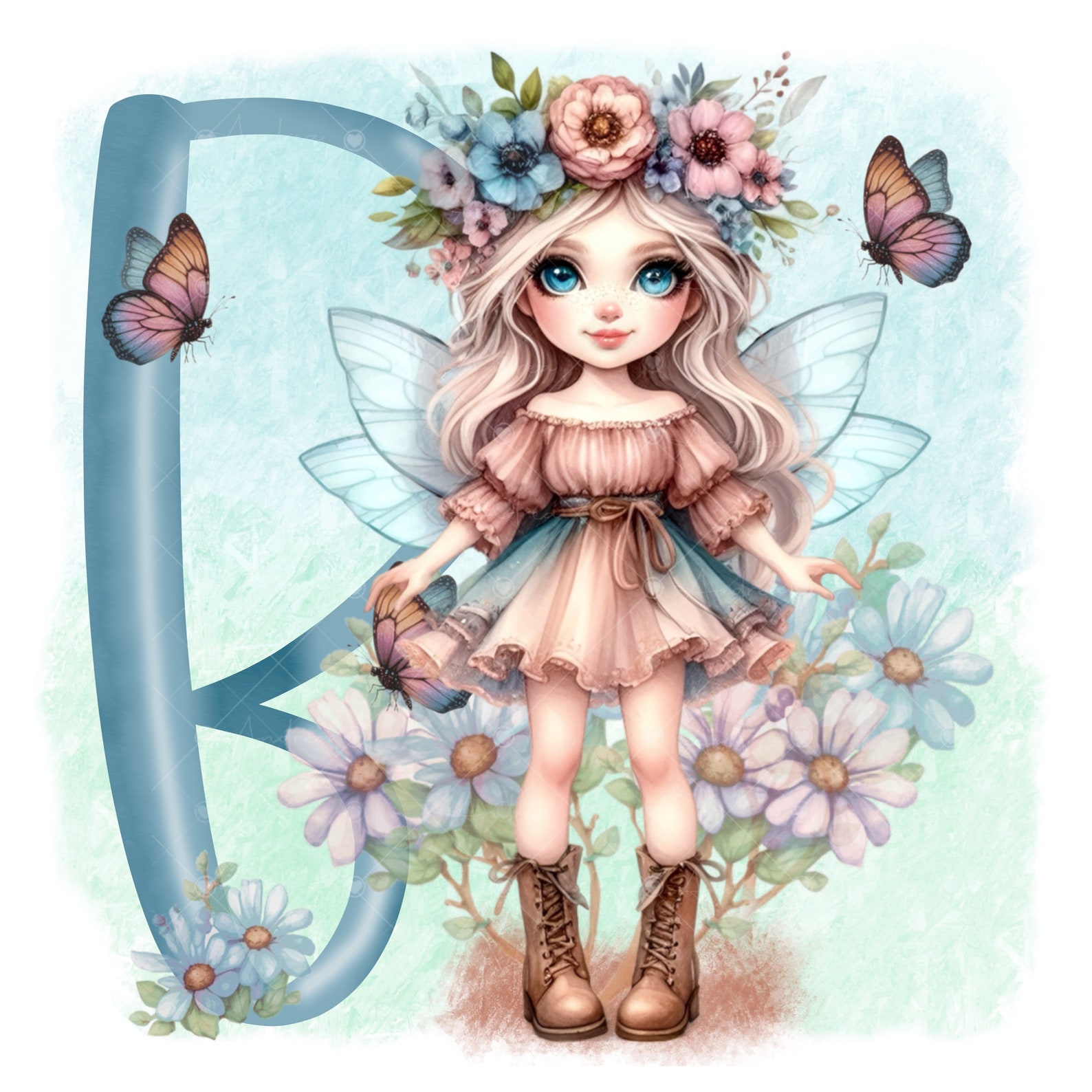 Flower Fairy Alphabet PNG Set: Watercolor Background (digital Download ...
