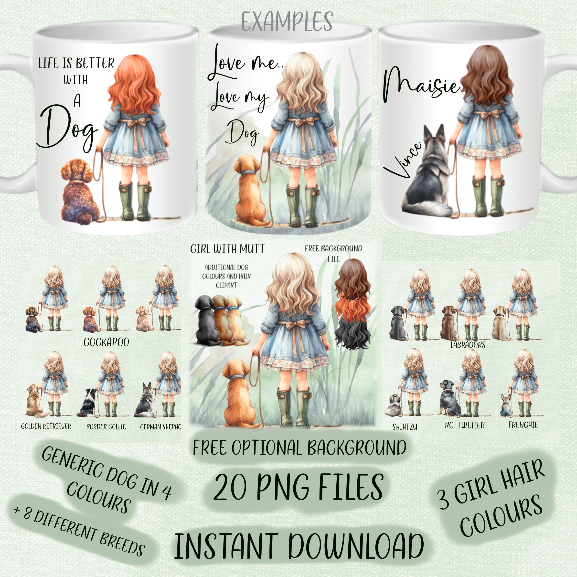 Beautiful Watercolour, Girl With Dog. Generic Mutt 8 Breeds. Hair ...