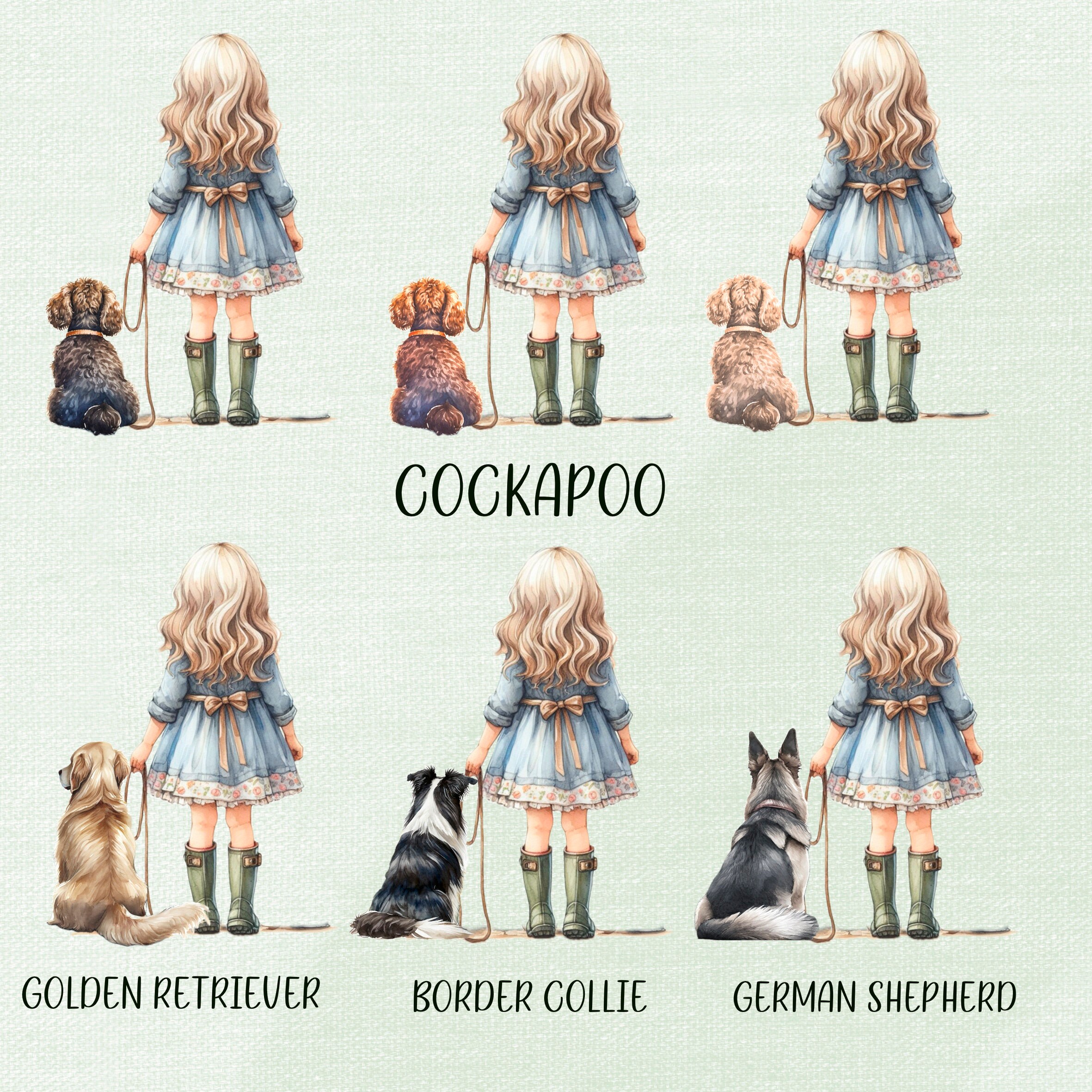 Beautiful Watercolour, Girl With Dog. Generic Mutt 8 Breeds. Hair ...