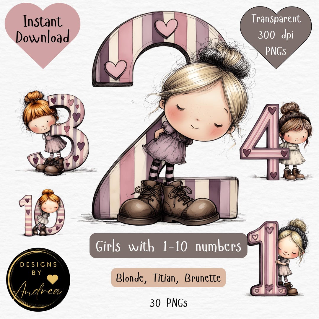 Girls & Numbers Clipart 1–10 | 3 Hair Colours | 30 300 Dpi Pngs Instant ...