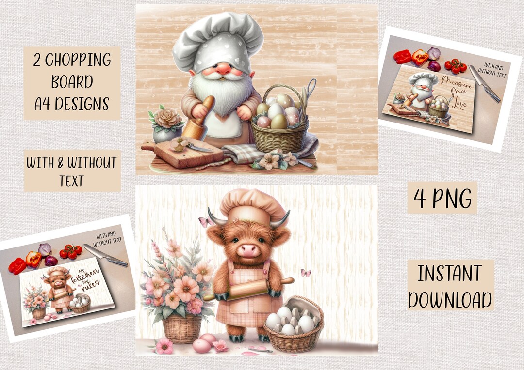 Cute Chopping Cutting Board Designs X 2; Gnome and Highland Cow ...
