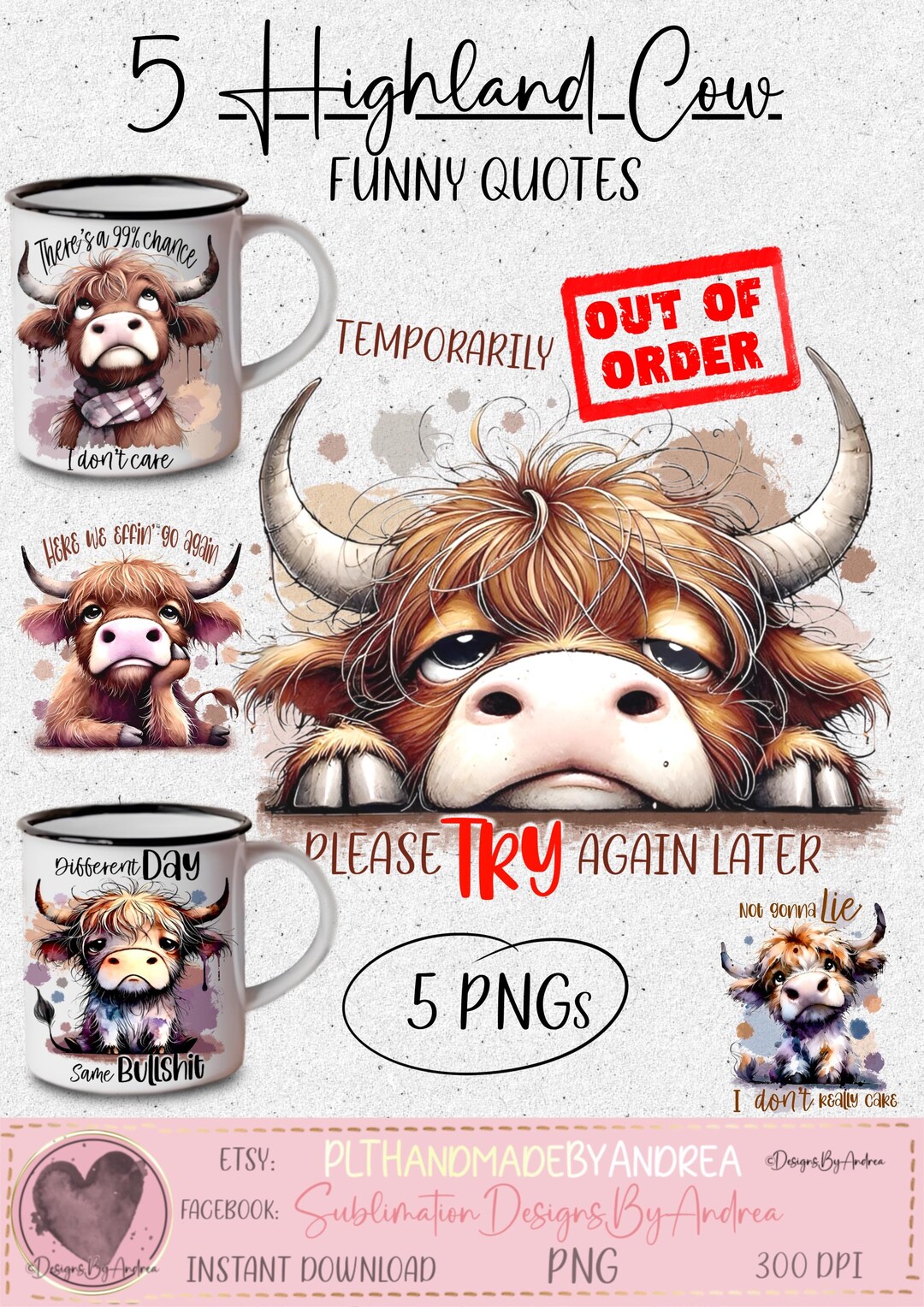 5 Funny, Humorous, Adorable Highland Cows With Phrases. Sublimation or ...