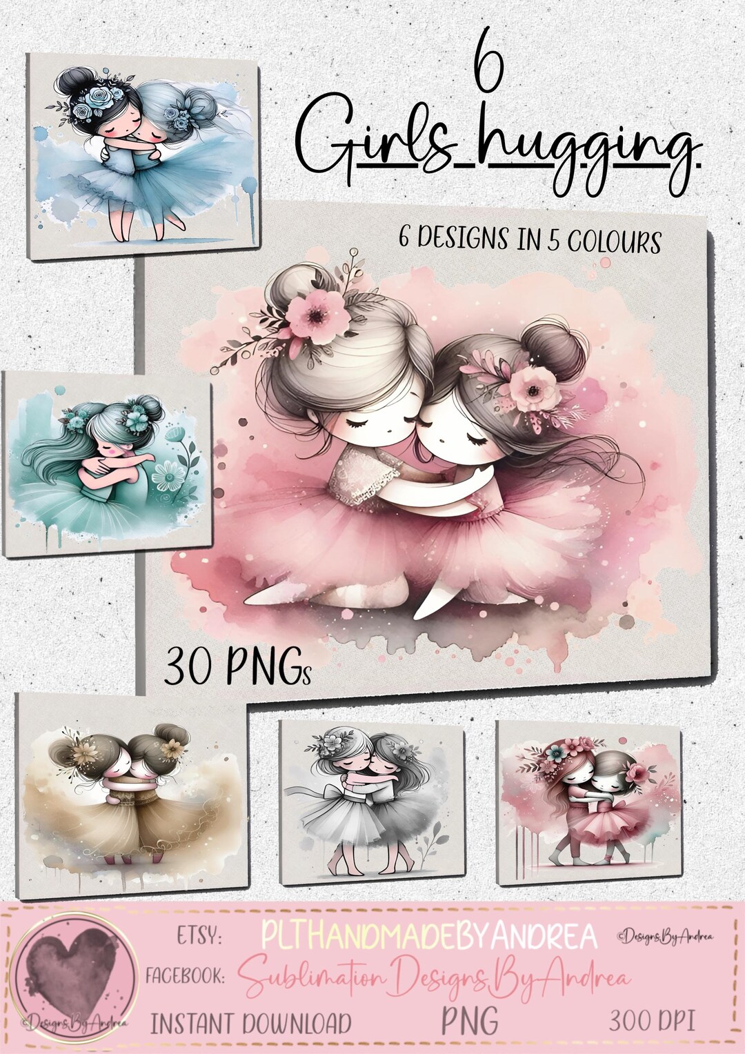 Best Friends, Bestie. Girls Hugging. 6 Different Designs Each in 5 ...