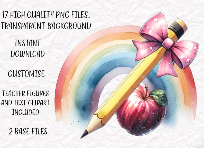 Teacher Clipart Bundle: Rainbow, Apple, Pencil - 17 PNG Files (digital ...