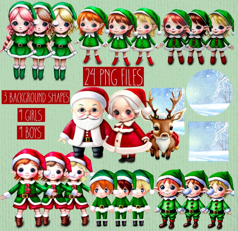 Santa, Mrs. Claus & Elves Clipart Set: Christmas Family PNG (digital ...