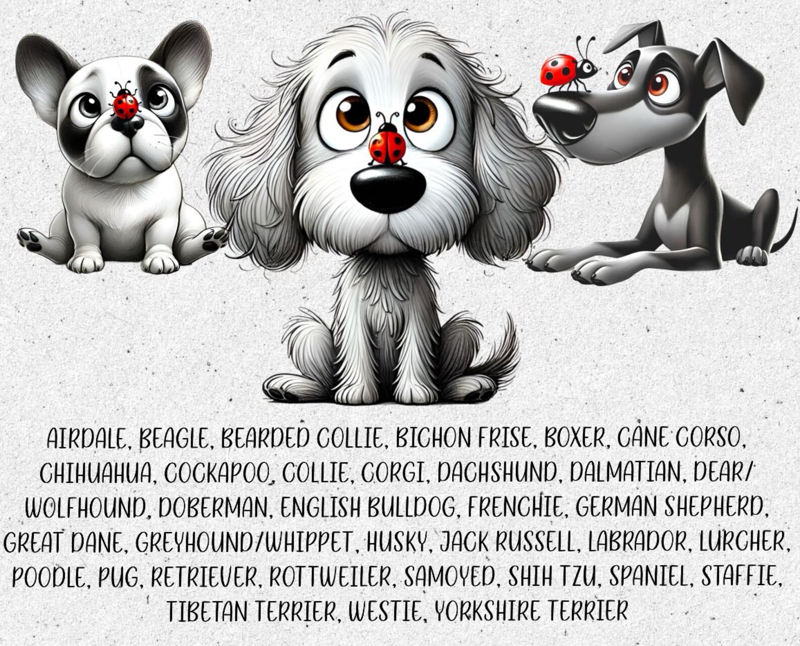 Dog Breeds PNG Clipart: Whimsical Dogs With Ladybug (instant Download ...