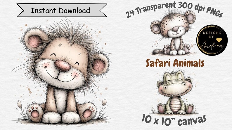Whimsical Safari Animals Clipart Set 24 PNG Baby Jungle Animals ...