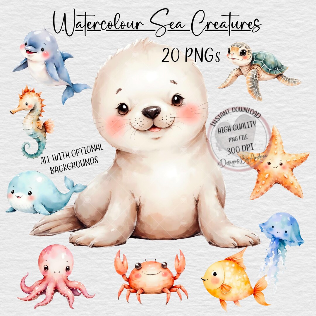 Watercolor Baby Sea Creatures PNG: Sublimation & Print Designs (digital ...