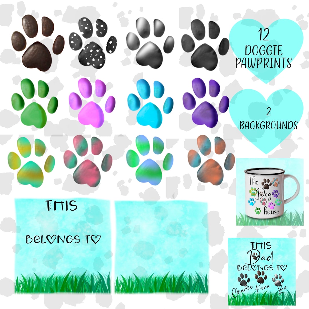 Dog Paw Print Clipart: 12 Colorful Paws, Backgrounds (14 PNG) (digital ...