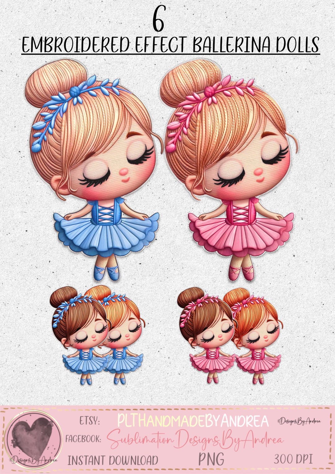 Faux Ballerina Rag Doll Pngs: Embroidered Effect Sublimation Designs ...