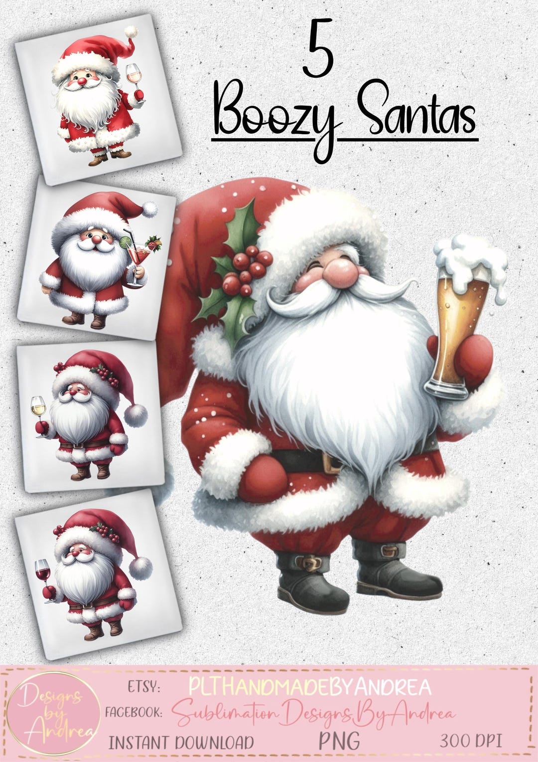 Boozy Santa. 5 Santas With Red, White, Rose Wine, Beer, Cocktail ...