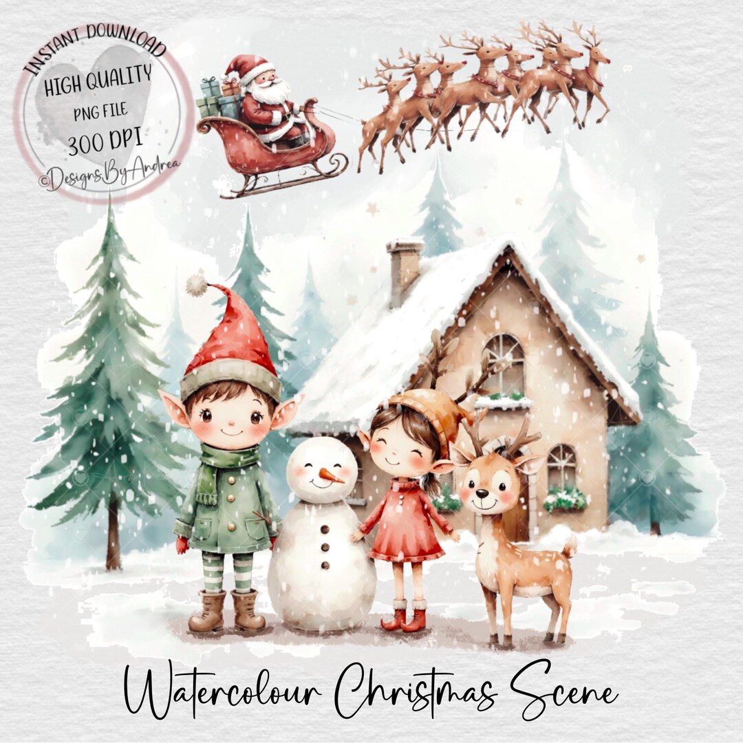 Watercolor Christmas PNG: Santa, Elves & Reindeer Scene (instant ...