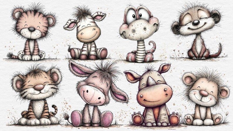 Whimsical Safari Animals Clipart Set 24 PNG Baby Jungle Animals ...