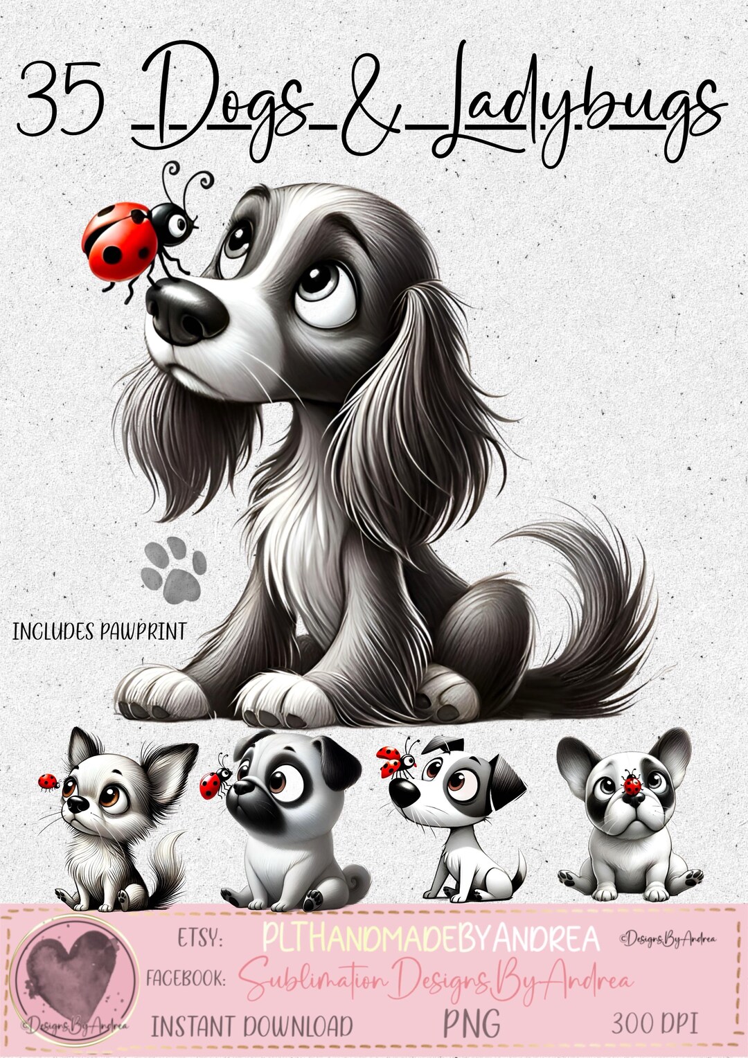 Dog Breeds PNG Clipart: Whimsical Dogs With Ladybug (instant Download ...