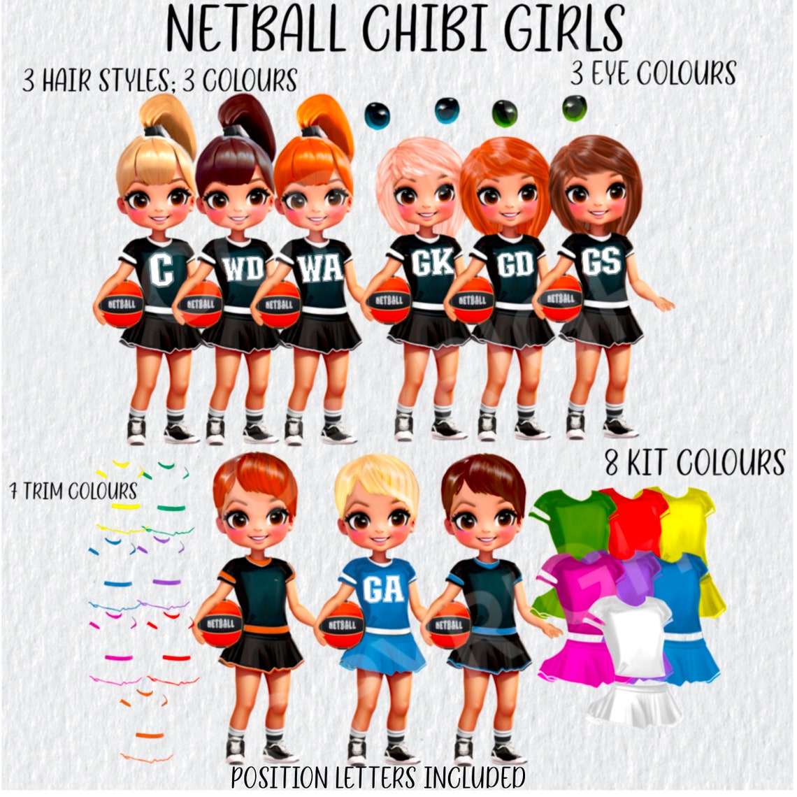 Netball Team Chibi Dolls. 32 Pngs. 9 Dolls. 3 Hair Styles Each With 3 ...