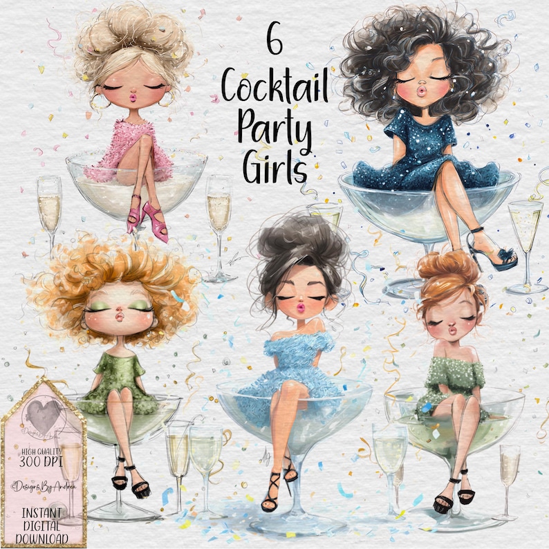6 Cocktail Party Girls | Whimsical, Quirky Birthday/party Clipart ...