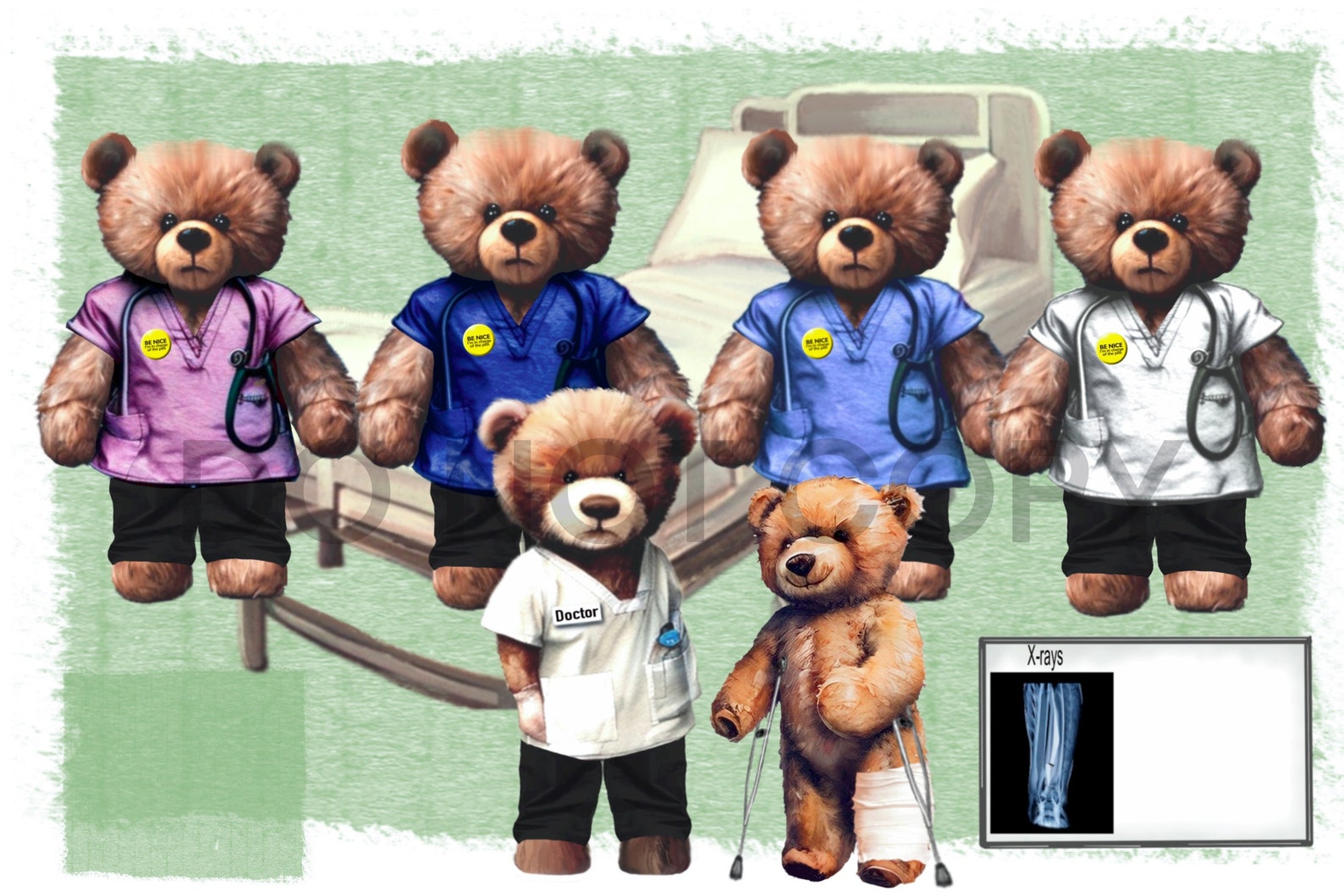 Medic Bears Clipart Set. 10 Files. Doctor, Nurses, Patient Ted, Background, X-ray and Hospital ...