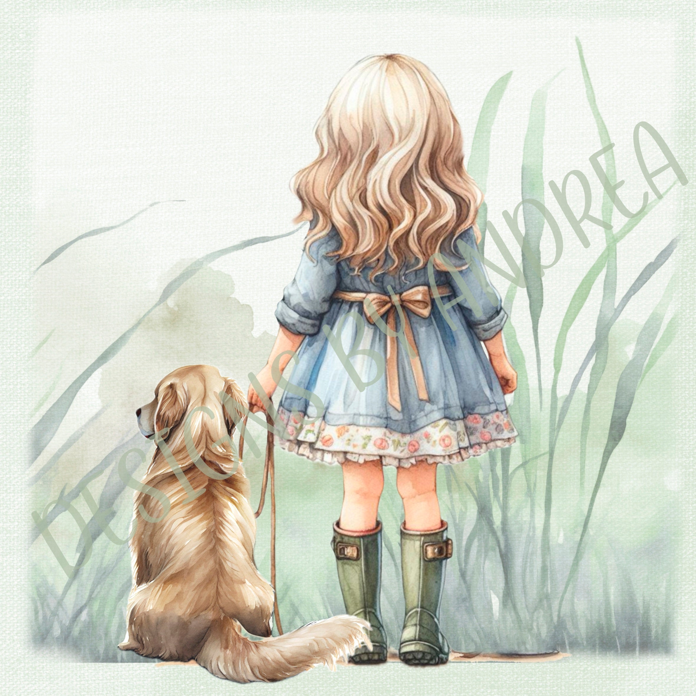 Beautiful Watercolour, Girl With Dog. Generic Mutt 8 Breeds. Hair ...