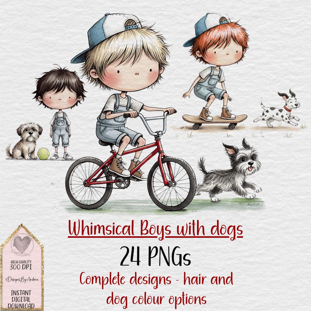24 Whimsical Boys With Dogs PNG Bundle | Commercial Use OK | Digital ...