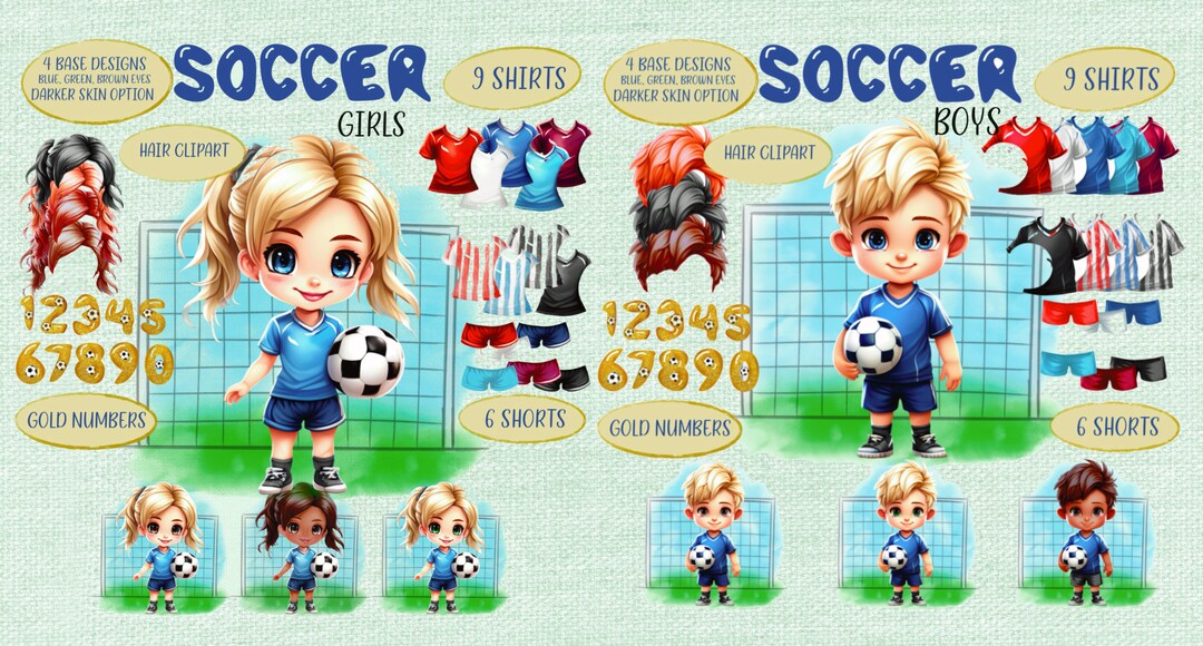 Chibi Soccer Clipart Bundle: Girl & Boy Pngs, Birthday Numbers (digital ...