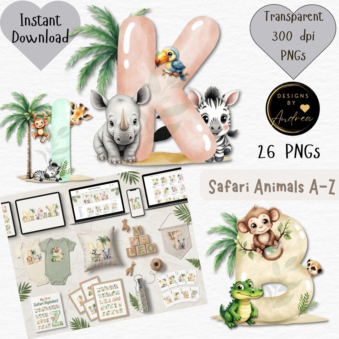 Safari Alphabet PNG Bundle, Jungle Animal Letters Clipart | 26 ...