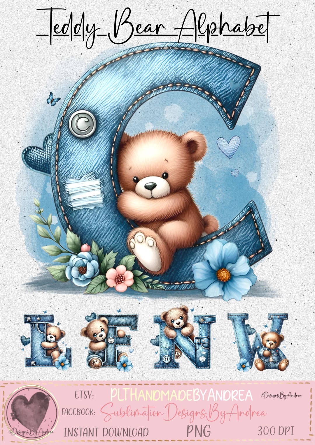 Teddy Bear Denim Alphabet PNG: Nursery Print (digital Download) - Etsy