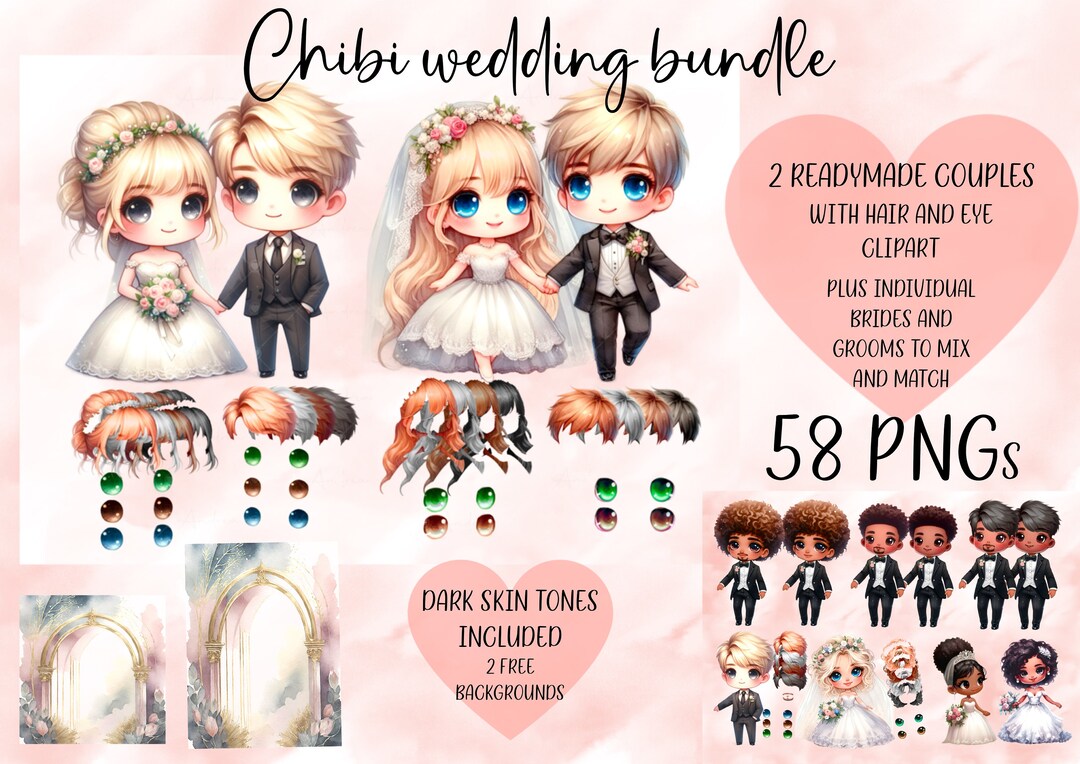 Chibi Bride and Groom Bundle. 2 FREE Backgrounds. Readymade Couples ...