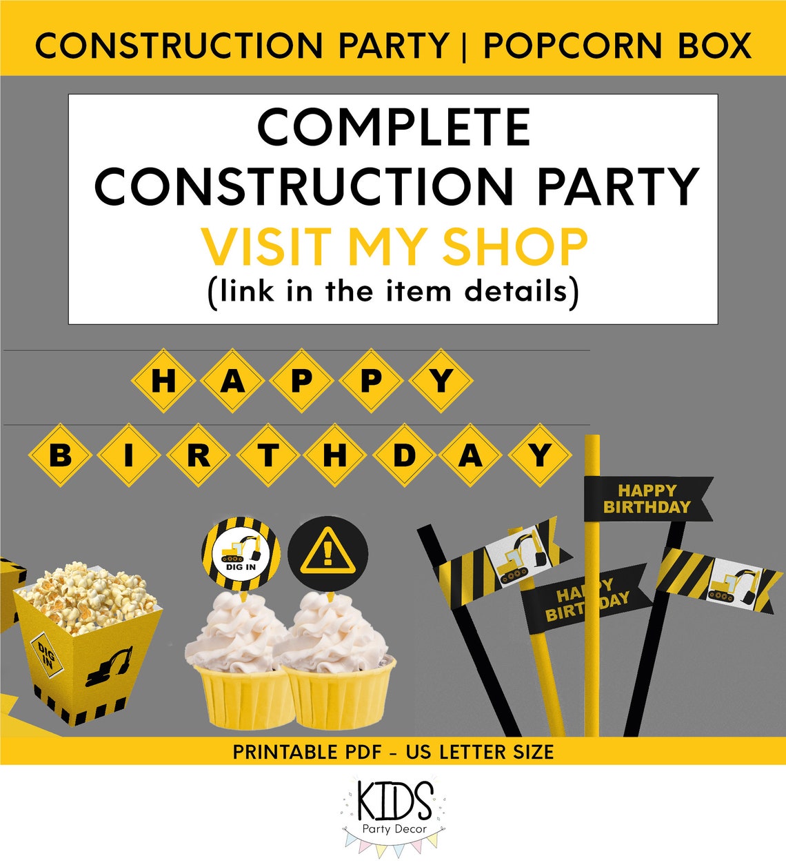 Construction Party Printable Popcorn Box, Birthday Party Decoration ...
