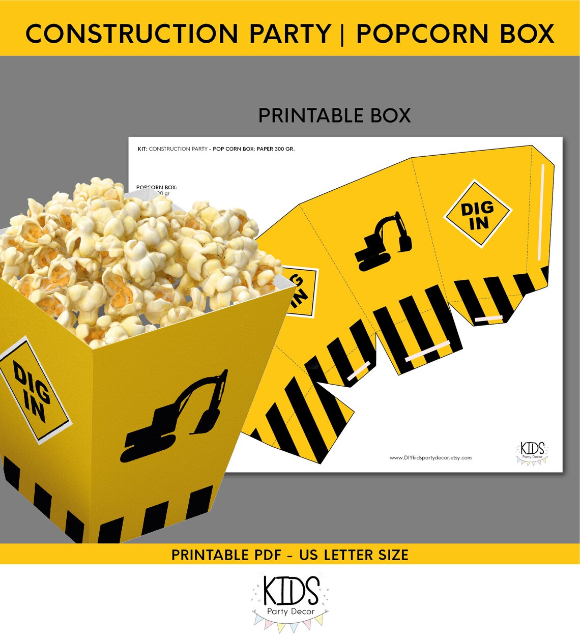 Construction Party Printable Popcorn Box, Birthday Party Decoration ...