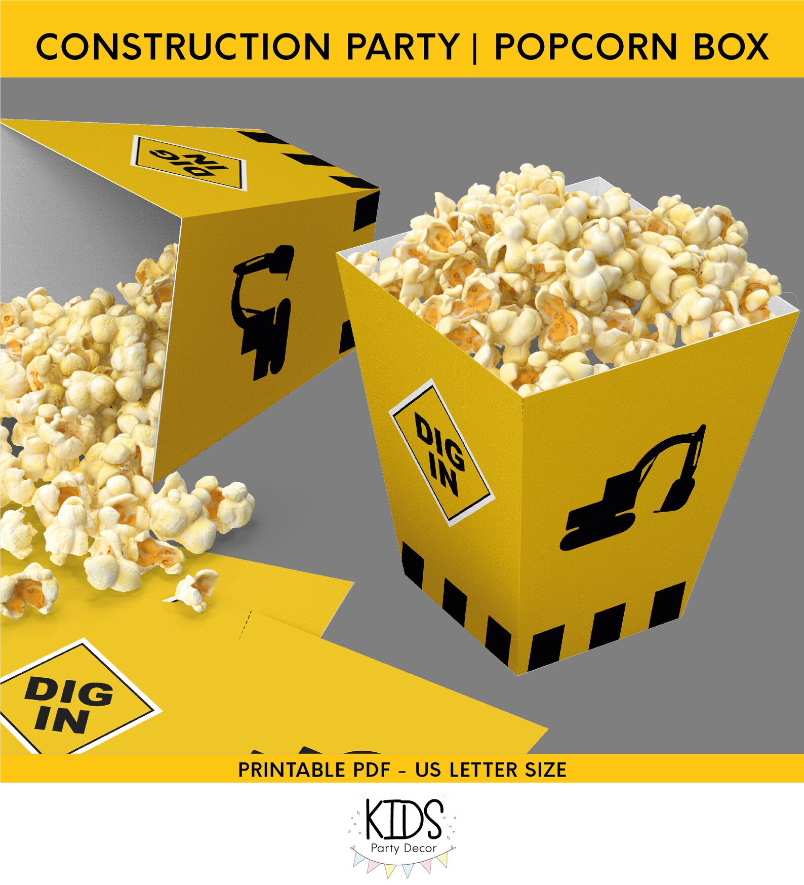 Construction Party Printable Popcorn Box, Birthday Party Decoration ...