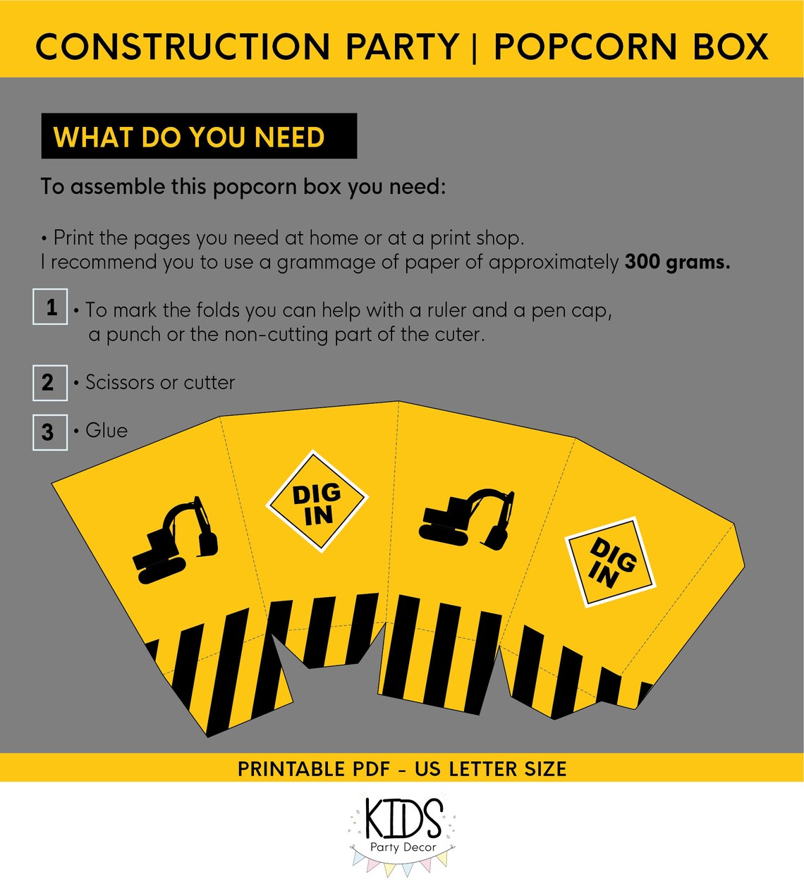 Construction Party Printable Popcorn Box, Birthday Party Decoration ...