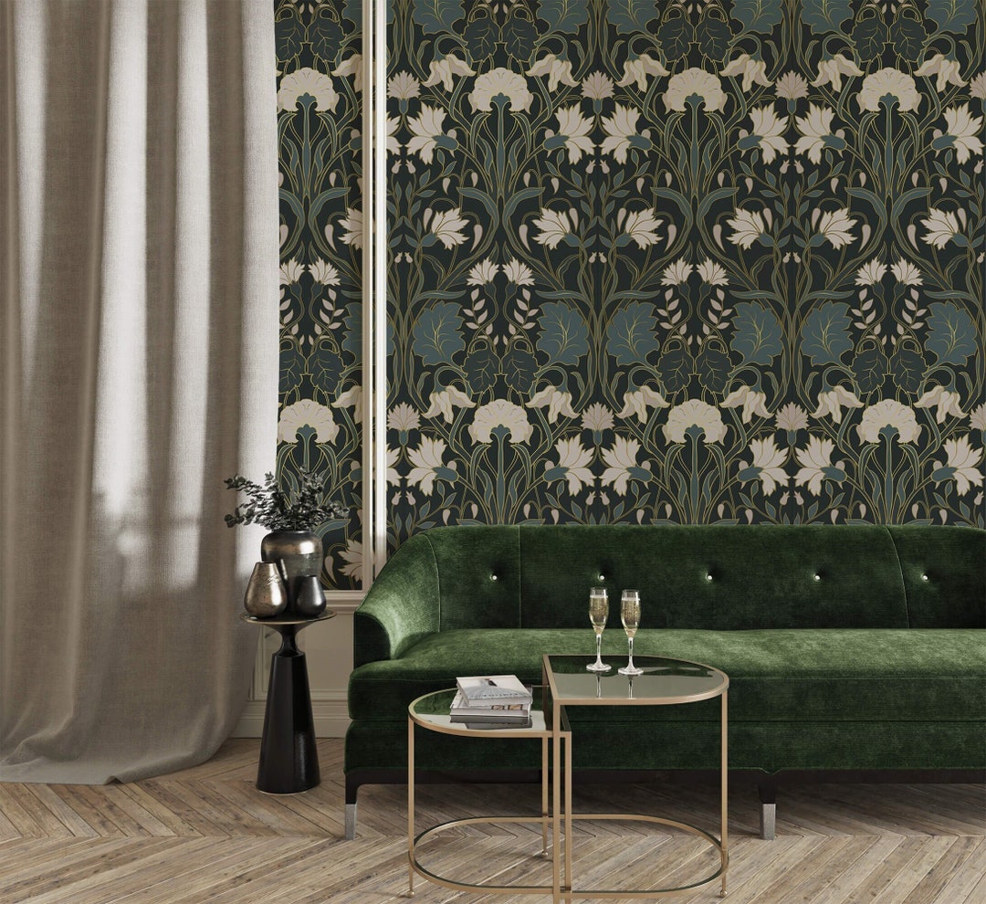 Art Deco Luxury Wallpaper Deep Green Gold Non Metallic Peel and Stick ...