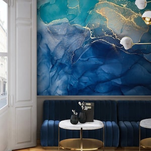 Abstract Blue Gold Art Wallpaper Luxury Artistic Mural Non - Etsy