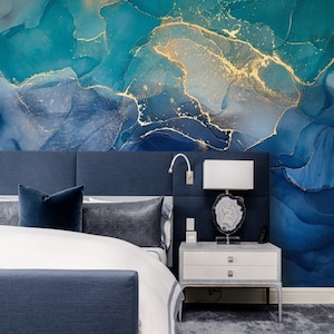 Abstract Blue Gold Art Wallpaper Luxury Artistic Mural Non - Etsy
